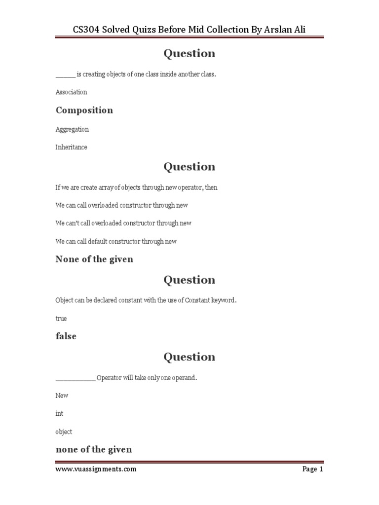 CS304 Solved Quizs Before Mid Collection by Arslan Ali: Composition | PDF | Class (Computer ...