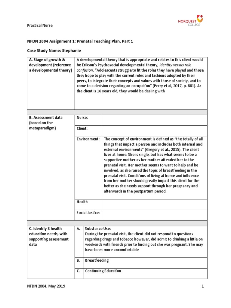 NFDN 2004 Assignment 1: Prenatal Teaching Plan, Part 1 Case Study Name ...