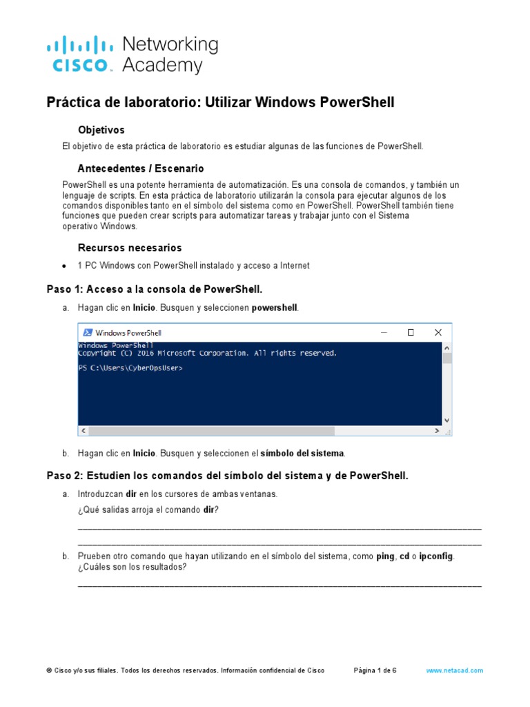 2.2.1.11 Lab - Using Windows PowerShell | PDF | Interfaz de línea de comando | Lenguaje de escritura
