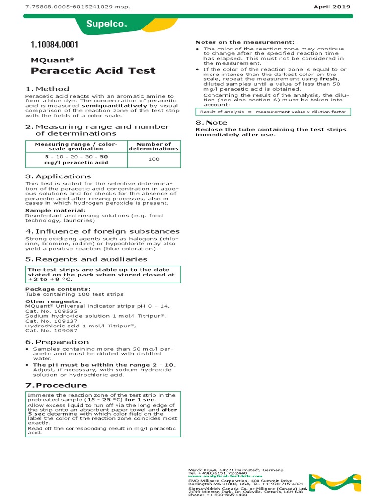 Peracetic Acid Test: Mquant | PDF | Acid | Chemical Reactions