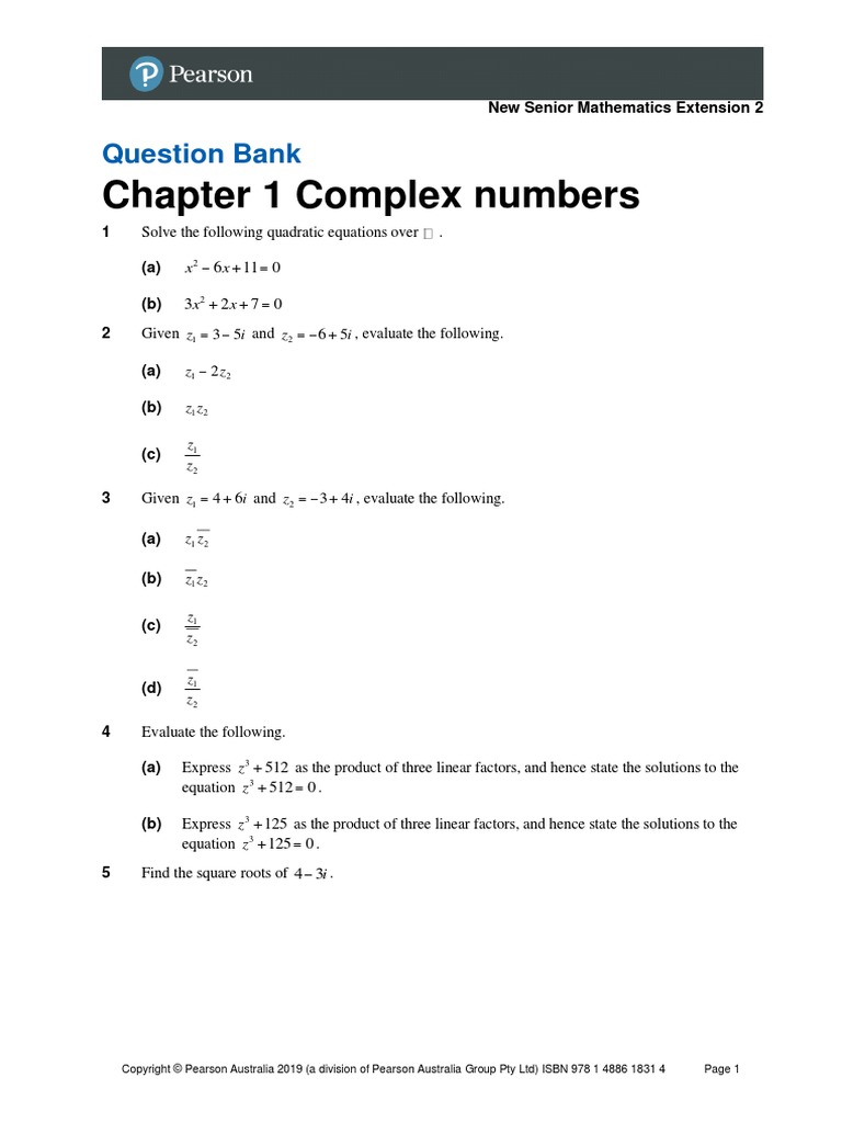 Chapter 1 Complex Numbers: Question Bank | PDF | Complex Number | Zero ...