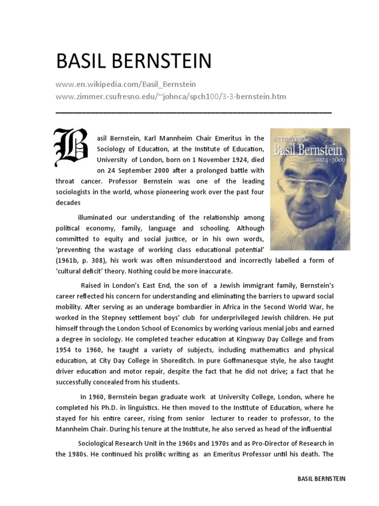 Basil Bernstein Bio and Contribution in Linguistics