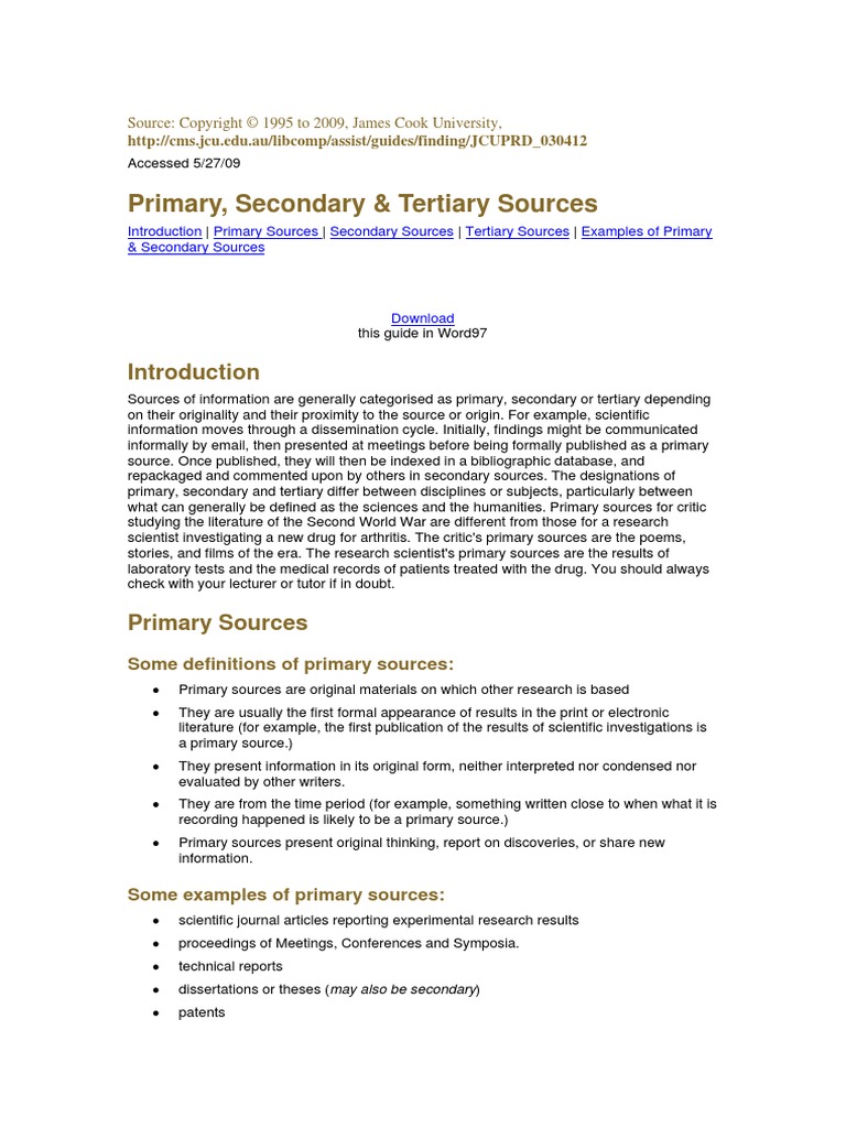 Primary, Secondary & Tertiary Sources | PDF | Primary Sources | Data