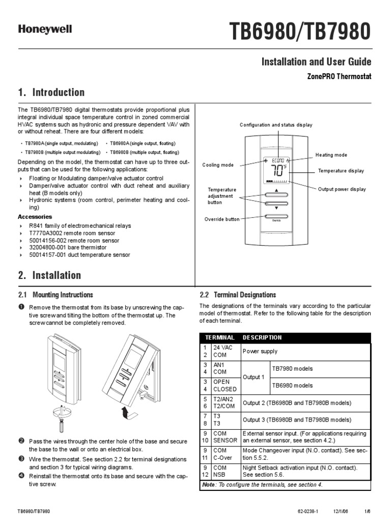 Honeywell TB6980/TB7980 Thermostat Guide | PDF | Thermostat | Switch