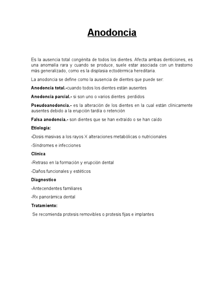 Anodoncia: Tipos y Tratamientos | PDF | Diente | Dentadura postiza