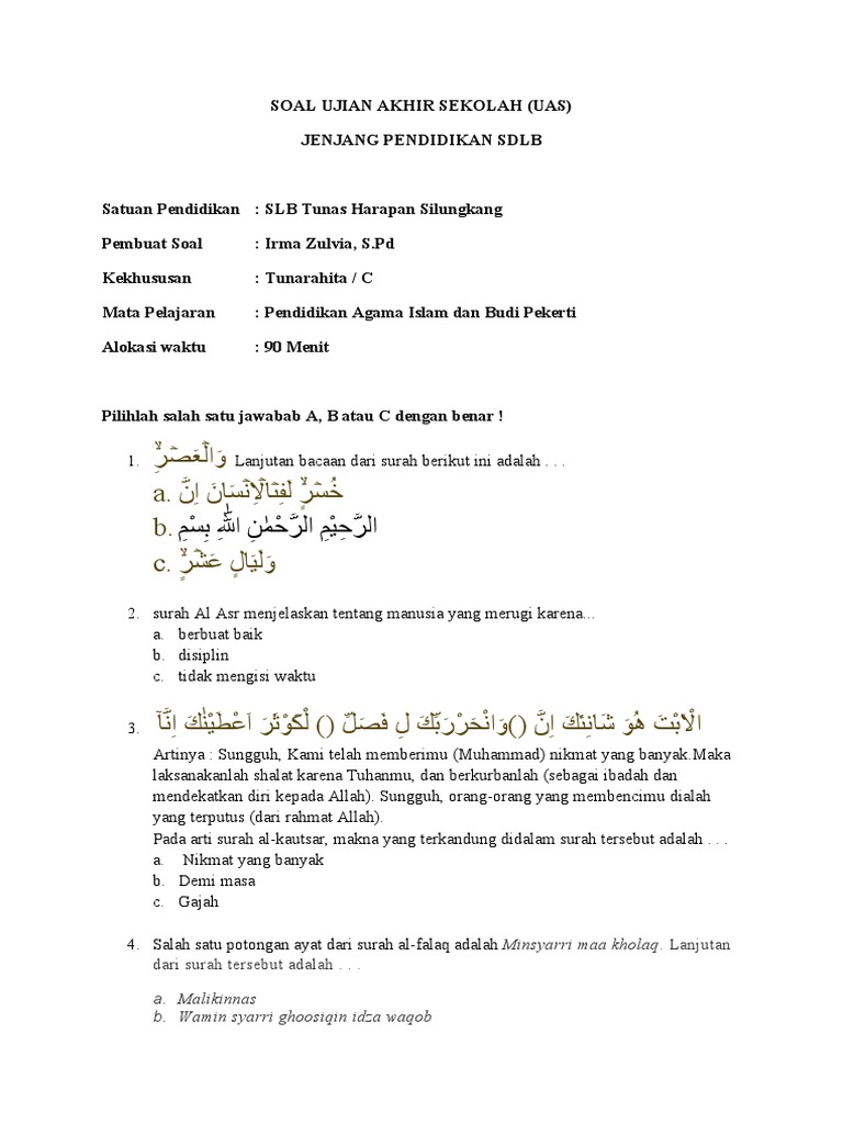 Soal Uas Pai SDLB SLB Tunas Harapan | PDF