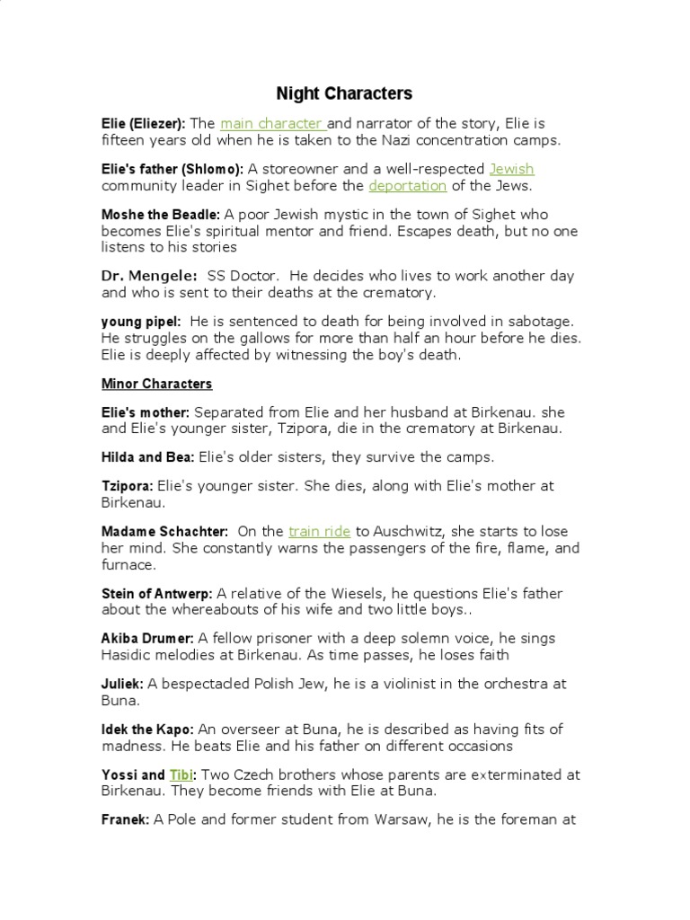 A Harrowing Journey: Character Profiles from Night by Elie Wiesel | PDF ...