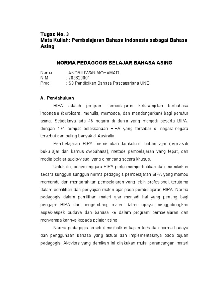 Tugas No 3 BIPA Andre | PDF | Karier & Perkembangan | Seni & Disiplin Bahasa