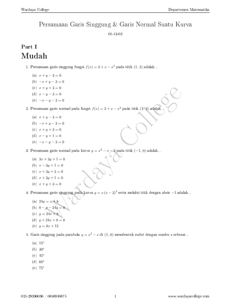 01 12 02 Persamaan Garis Singgung Garis Normal Suatu Kurva Soal | PDF ...