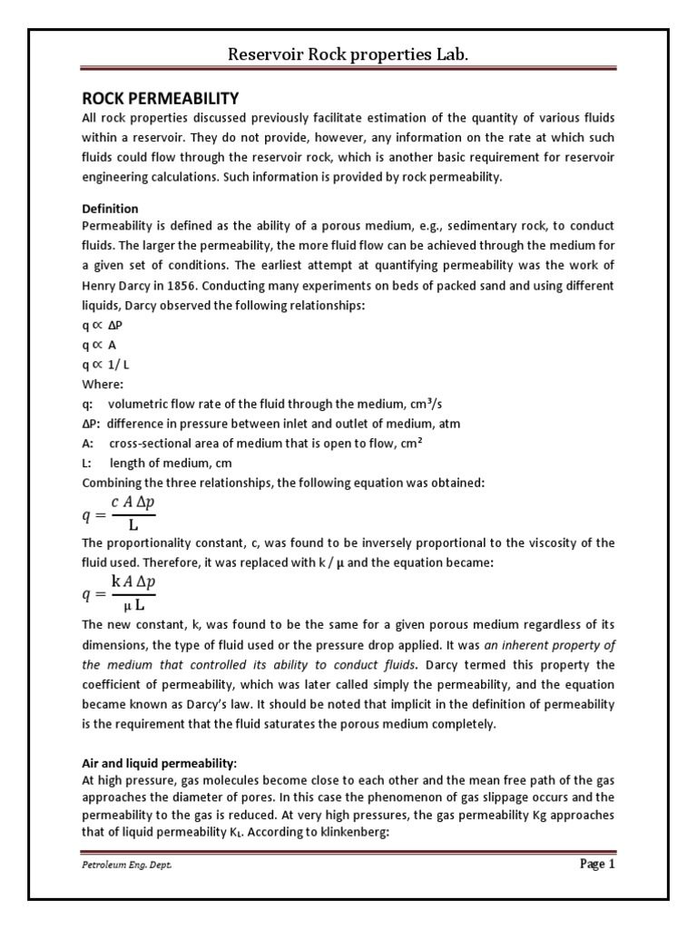 Rock Permeability: Reservoir Rock Properties Lab | PDF | Permeability ...