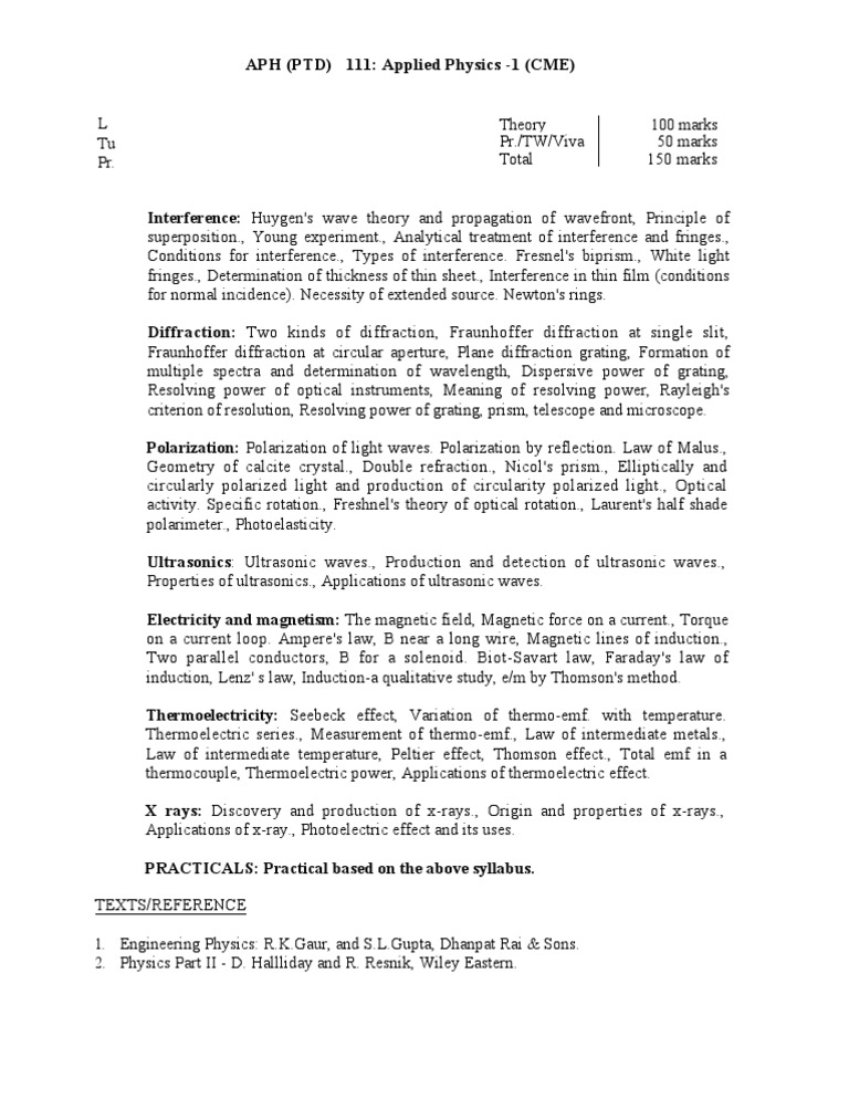 Applied Physics Syllabus | PDF | Diffraction | Optics
