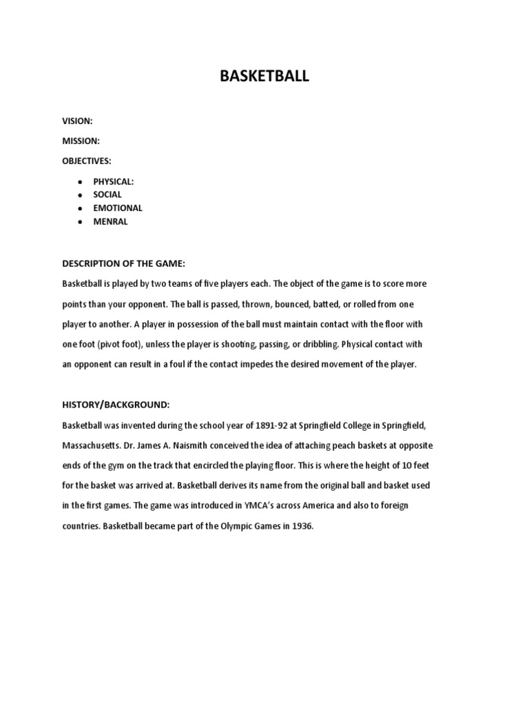 Basketball: Vision: Mission: Objectives | PDF | Games Of Physical Skill ...