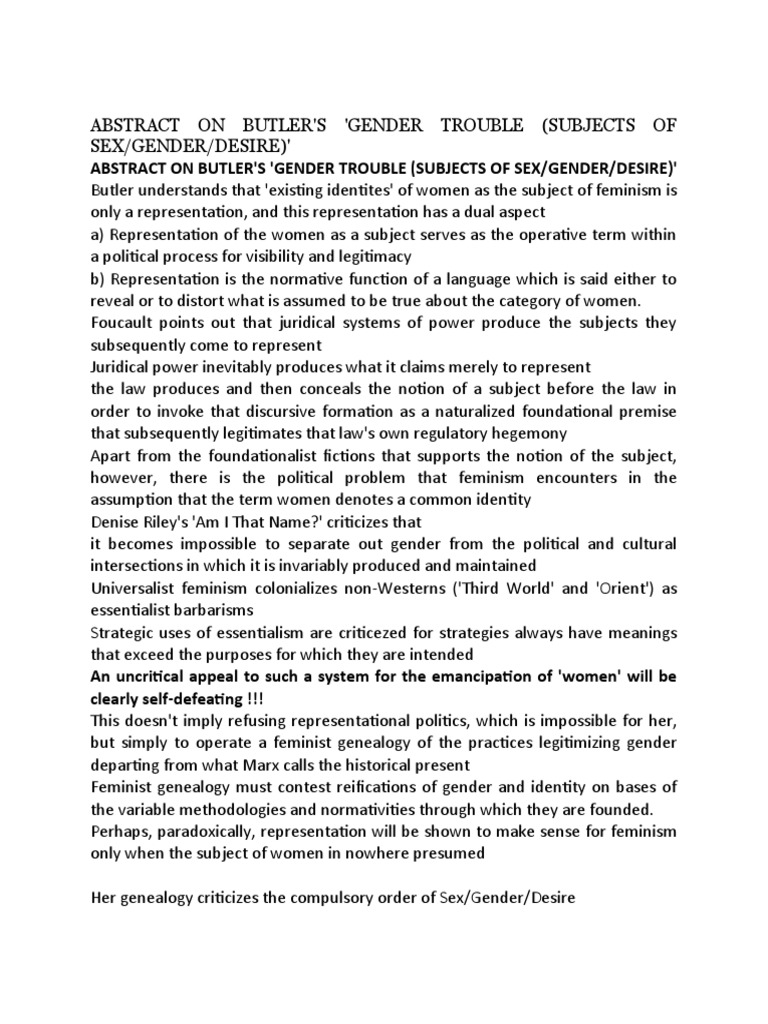 Abstract On Butler'S 'Gender Trouble (Subjects of Sex/Gender/Desire) ' | PDF | Gender | Gender ...