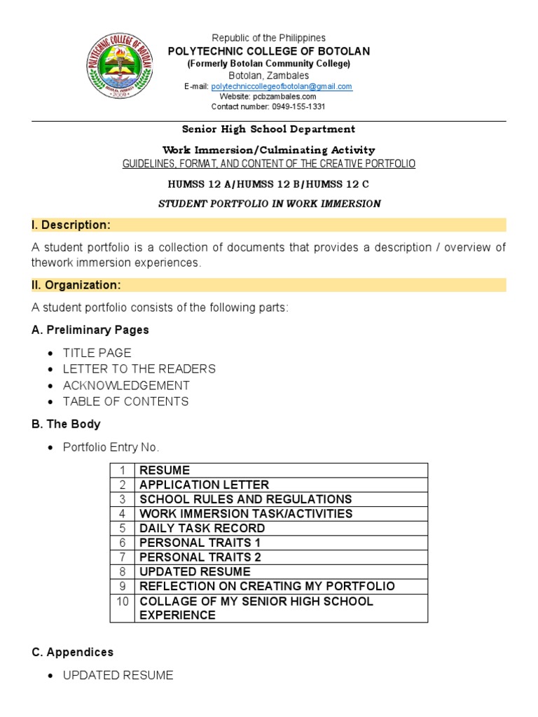Work Immersion - Format and Guidelines For Portfolio | PDF | Résumé ...