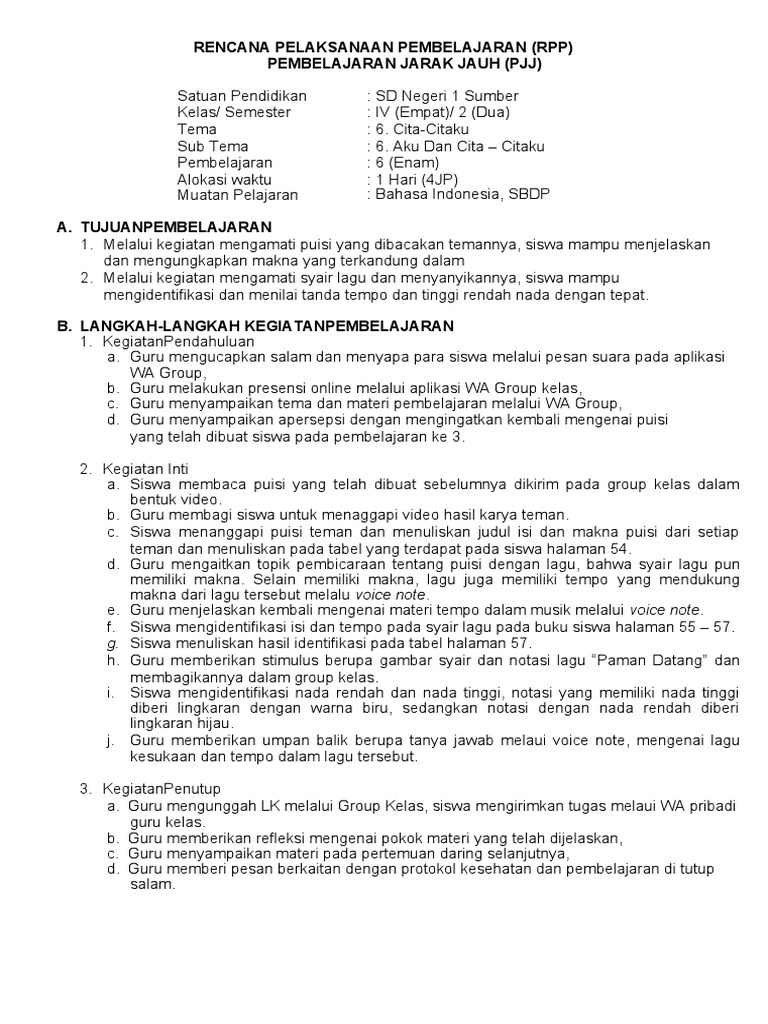 RPP Tematik Kelas 4 | PDF