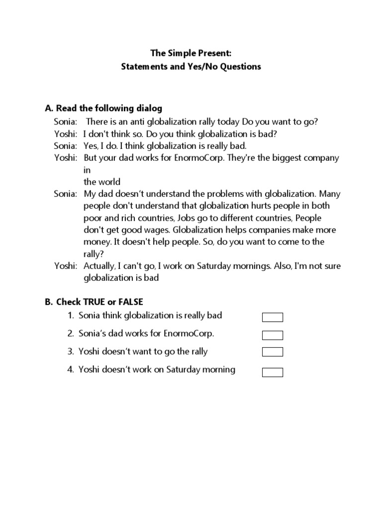 The Simple Present: Statements and Yes/No Questions | PDF | Languages ...