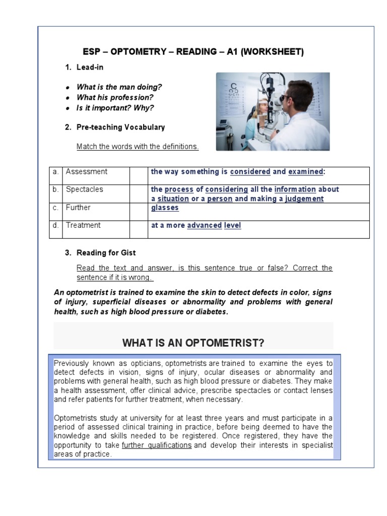 ESP Worksheet OPTOMETRY - A1 - READING - What Is An Optometrist ...
