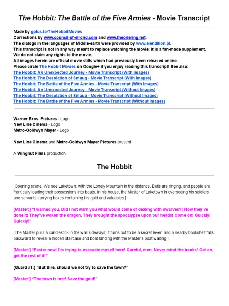 The Hobbit: Battle of Five Armies Transcript | PDF | The Hobbit | Bilbo ...