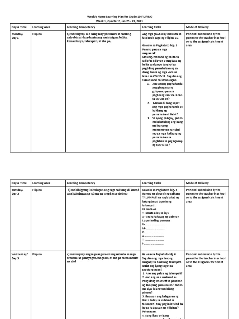 WHLP Filipino Week 1 q2 | PDF