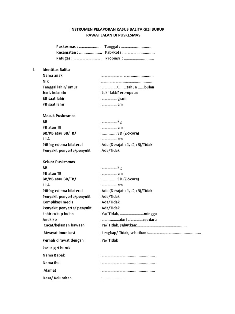 Form Pelaporan Kasus Balita Gizi Buruk | PDF | Memasak, Makanan ...