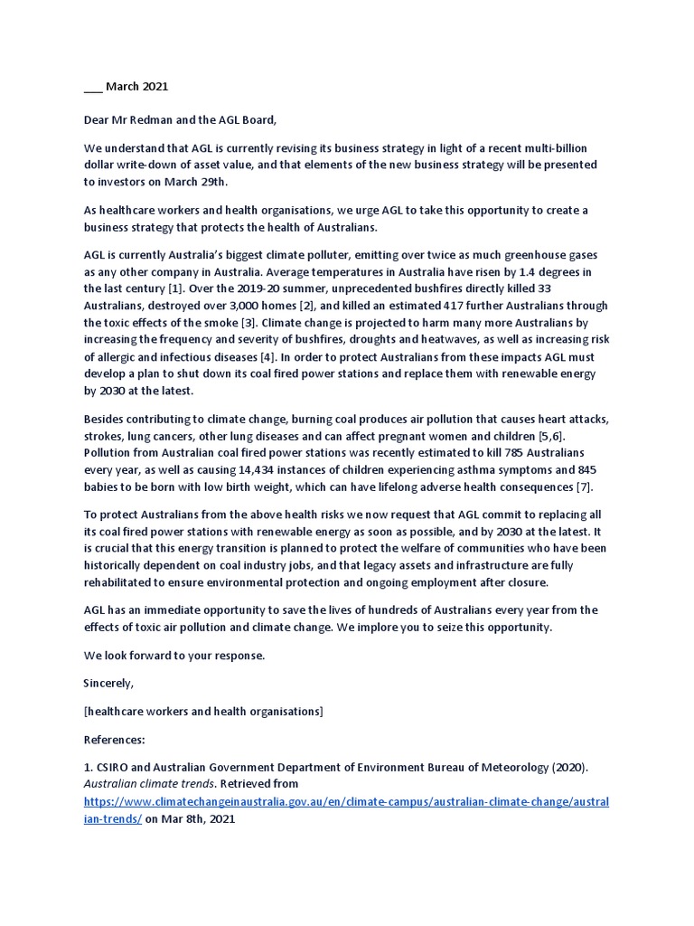 Mar 2021 Health Letter To AGL | PDF | Wildfire | Air Pollution