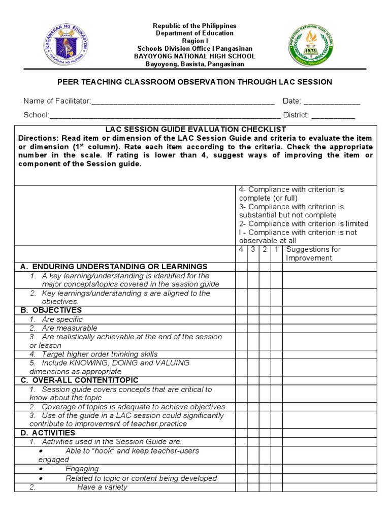 LAC Session Guide Evaluation Checklist | PDF | Teachers | Education Theory