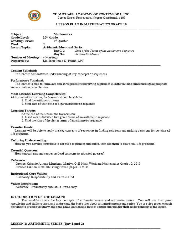Lesson Plan Math 10 - Q1 - Week 2 | PDF | Summation | Arithmetic