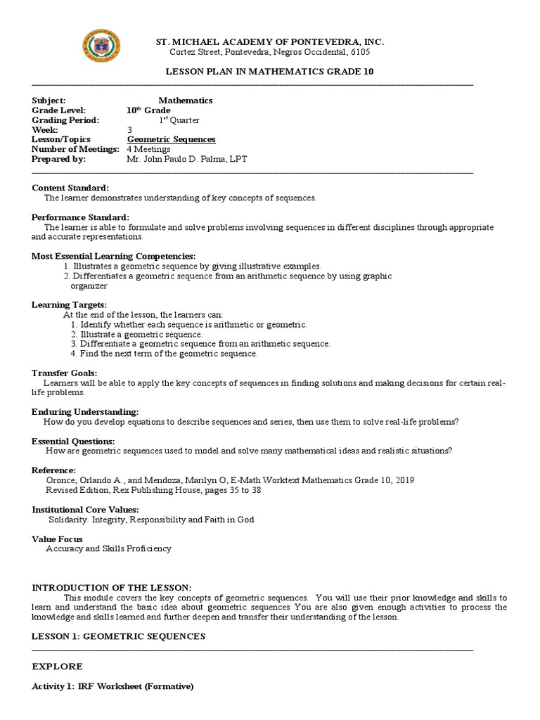 Lesson Plan Math 10 - Q1 - Week 3 | PDF | Learning | Numbers