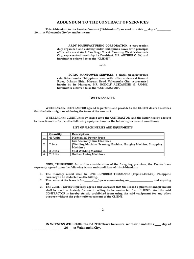 Addendum To The Contract of Services | PDF | Civil Law (Legal System ...