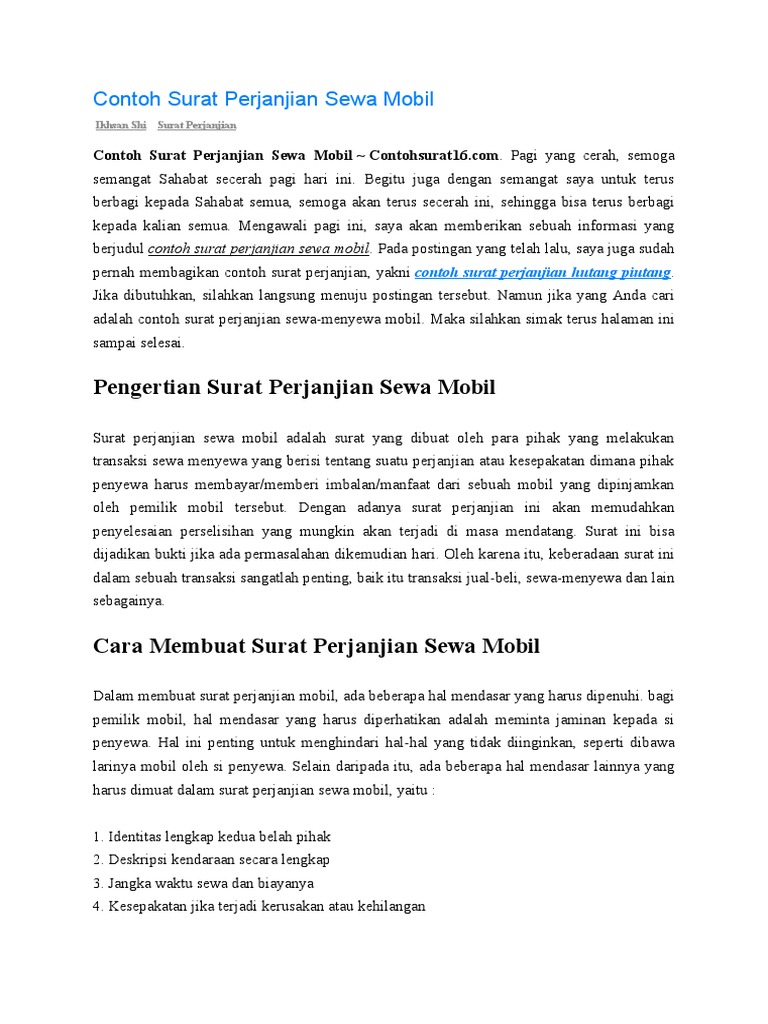 Contoh Surat Perjanjian Sewa Mobil 2 | PDF