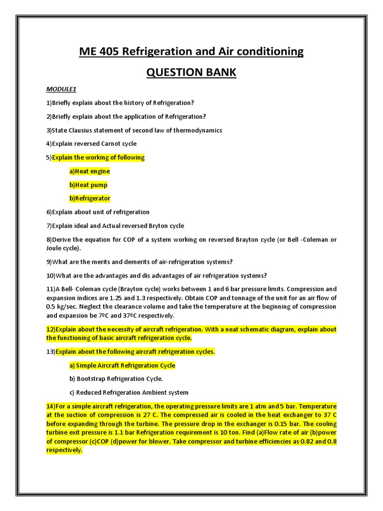 ME 405 Refrigeration and Air Conditioning Question Bank | PDF ...