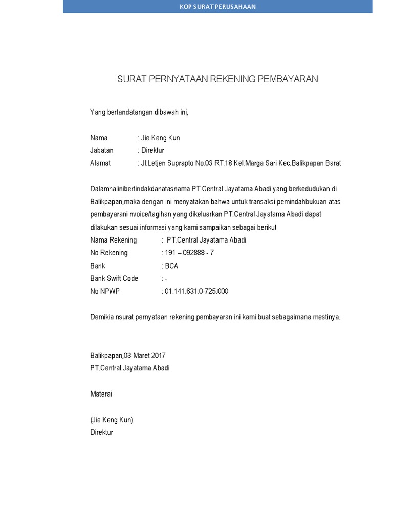 Draft Format Surat Konfirmasi Rekening Pembayaran Vendor | PDF