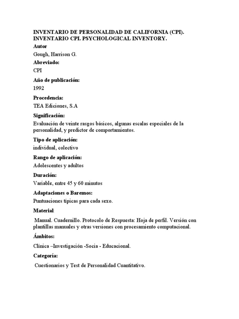 Inventario de Personalidad de California | PDF