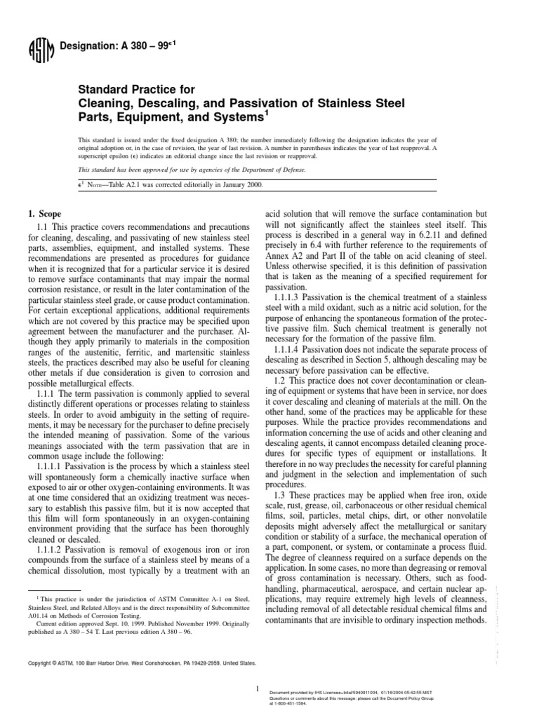 ASTM A380 Cleaning Passivation of Stainless Steels | PDF | Stainless ...