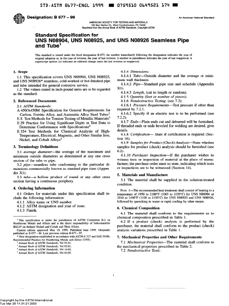 ASTM B677 Seamless Tubes in 904 925 926 Alloys | PDF