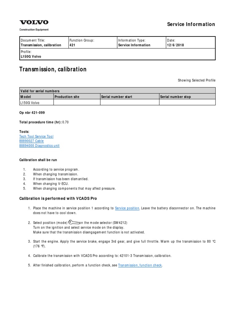 L150G Volvo Transmission Calibration Guide | PDF