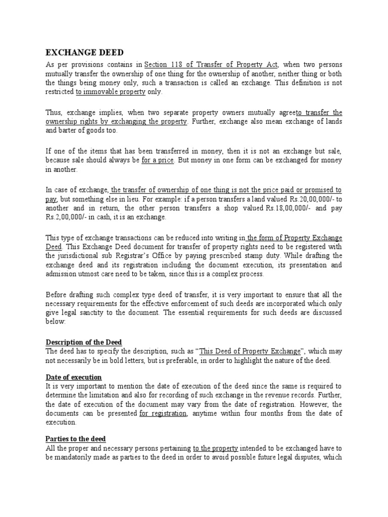 Exchange Deed: Description of The Deed | PDF | Deed | Ownership
