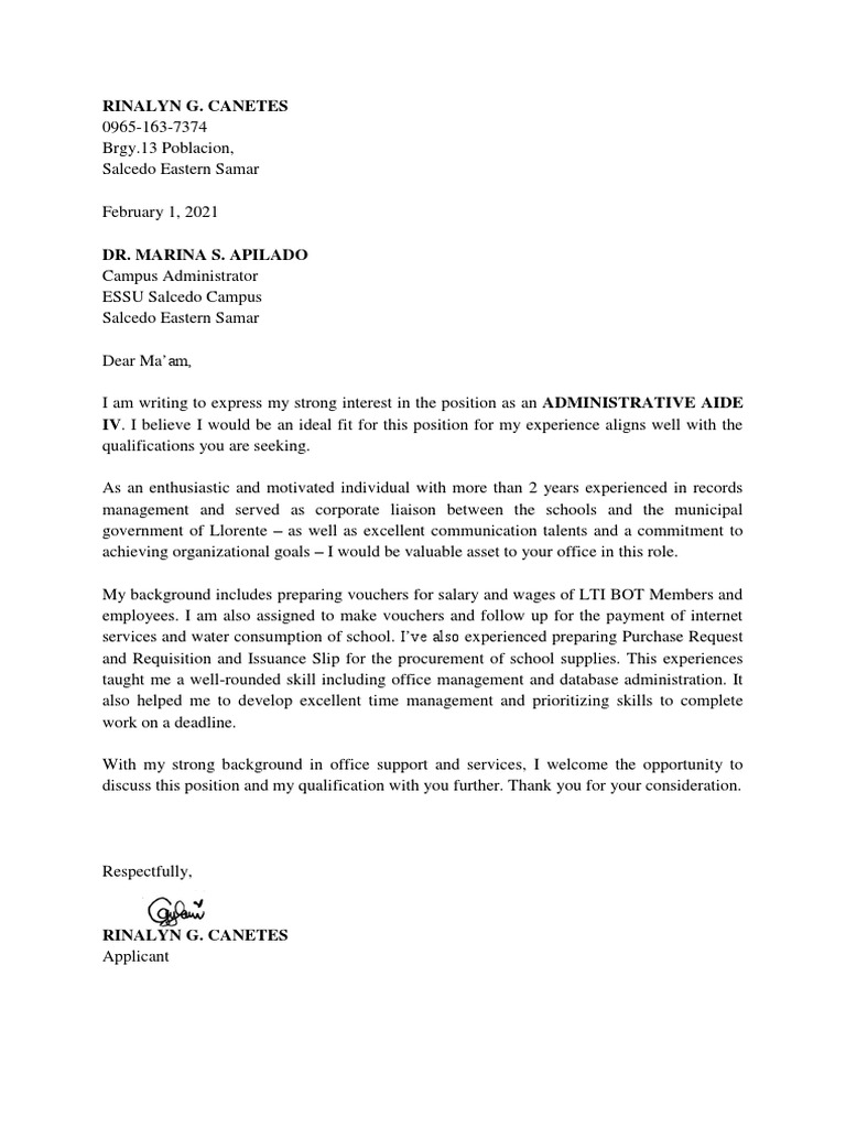 ESSU Salcedo Campus Administrative Aide IV Job Application | PDF