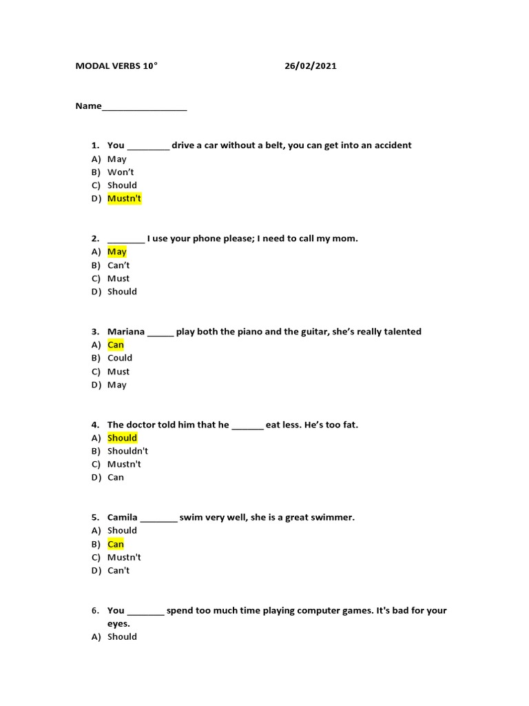 Modal Verbs Worksheet - Answers | PDF