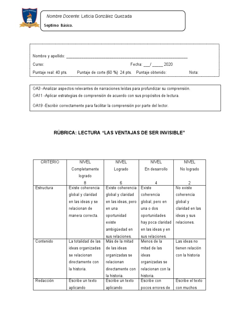 Rúbrica Lectura Complementaria 7° | PDF | Cognición | Comunicación humana