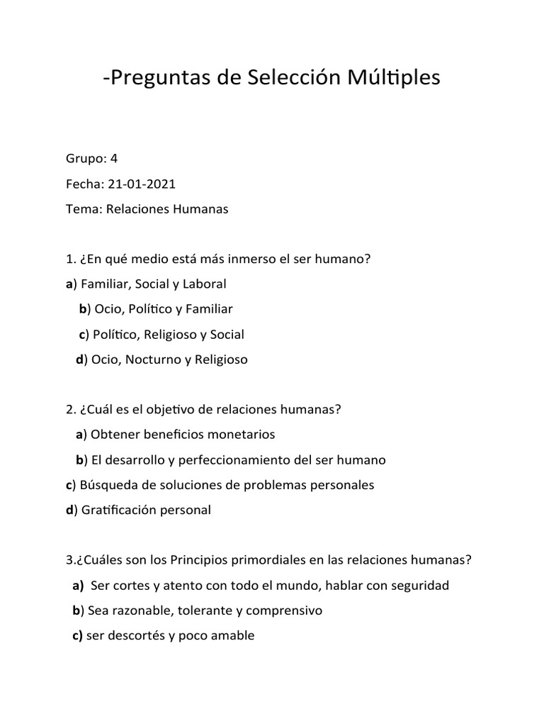Preguntas de Selección Múltiple sobre Relaciones Humanas | PDF ...