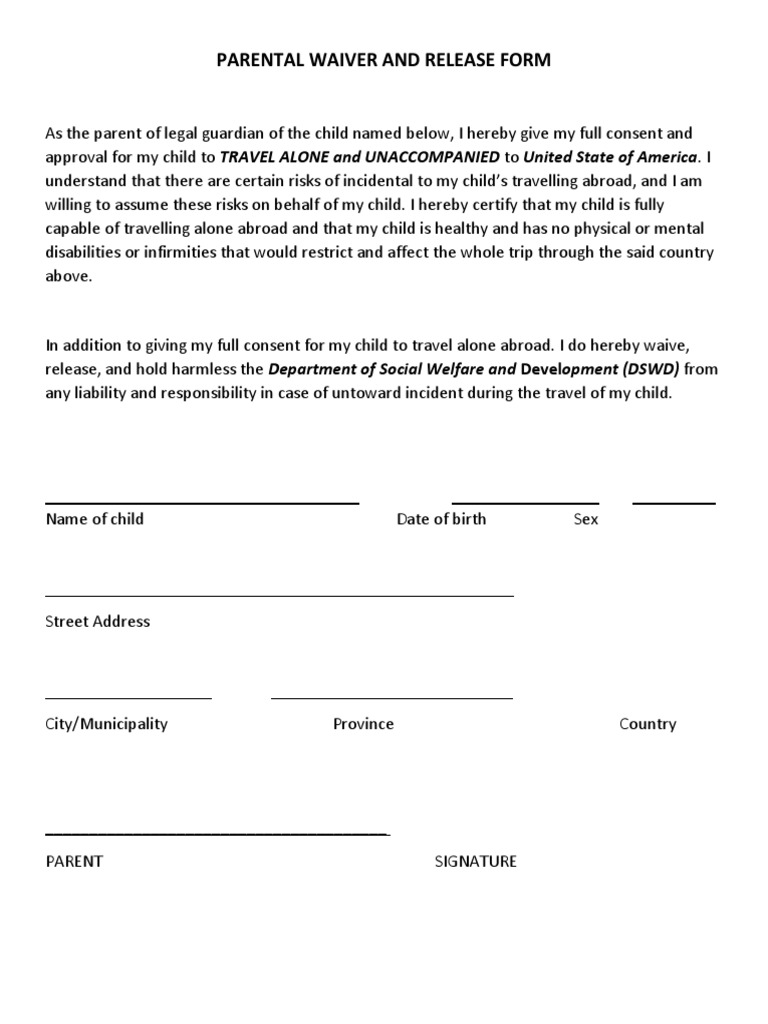 Parental Waiver and Release Form | PDF | Wellness