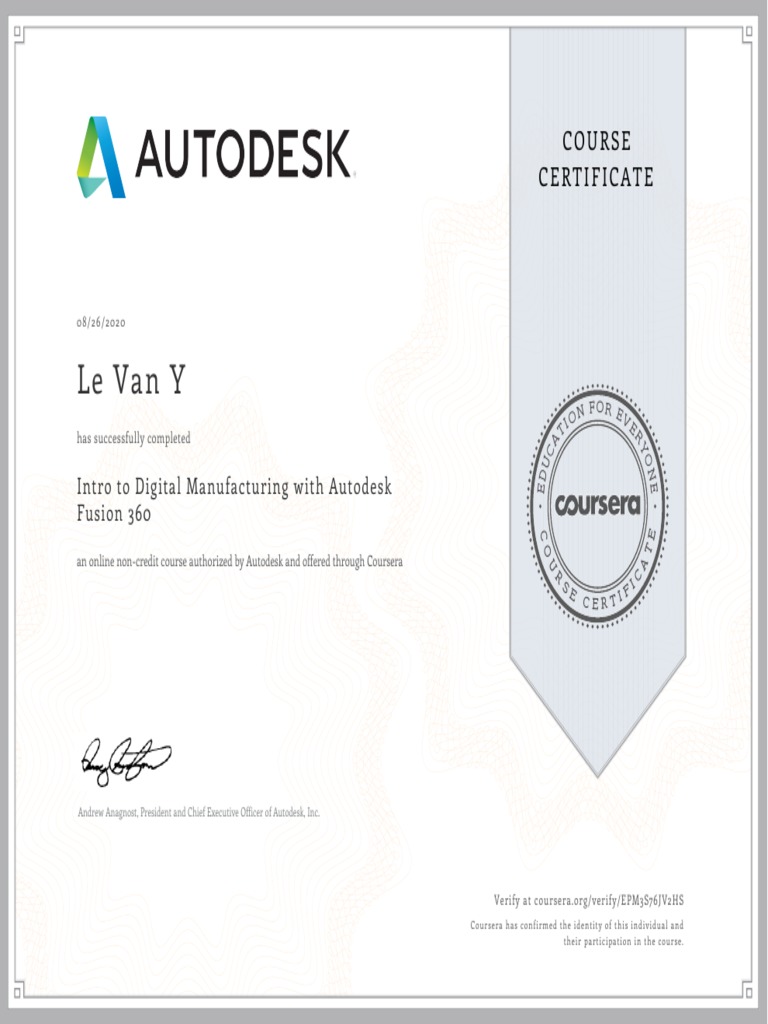 Certificate of Completion for Intro to Digital Manufacturing with ...