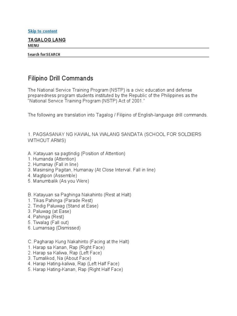 Filipino Drill Commands: Tagalog Lang | PDF | Military Science | Military