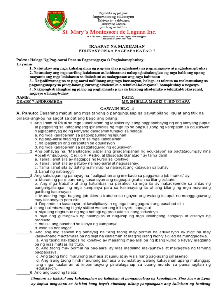 Week 4 Grade 7 Worksheets (Esp/math/science/tle) | PDF