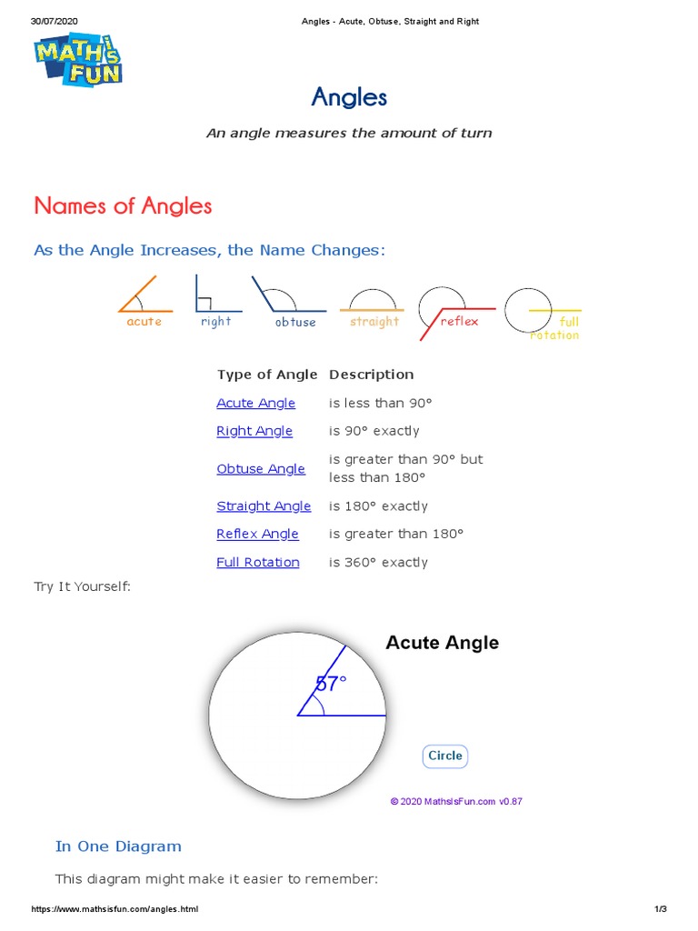 Angles - Acute, Obtuse, Straight and Right | PDF | Angle | Space
