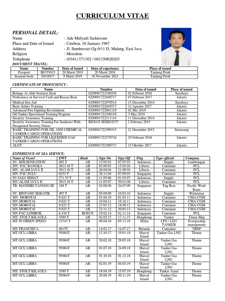 CV Ade Mulyana - Ab - Tanker | PDF | Sailor | Shipping
