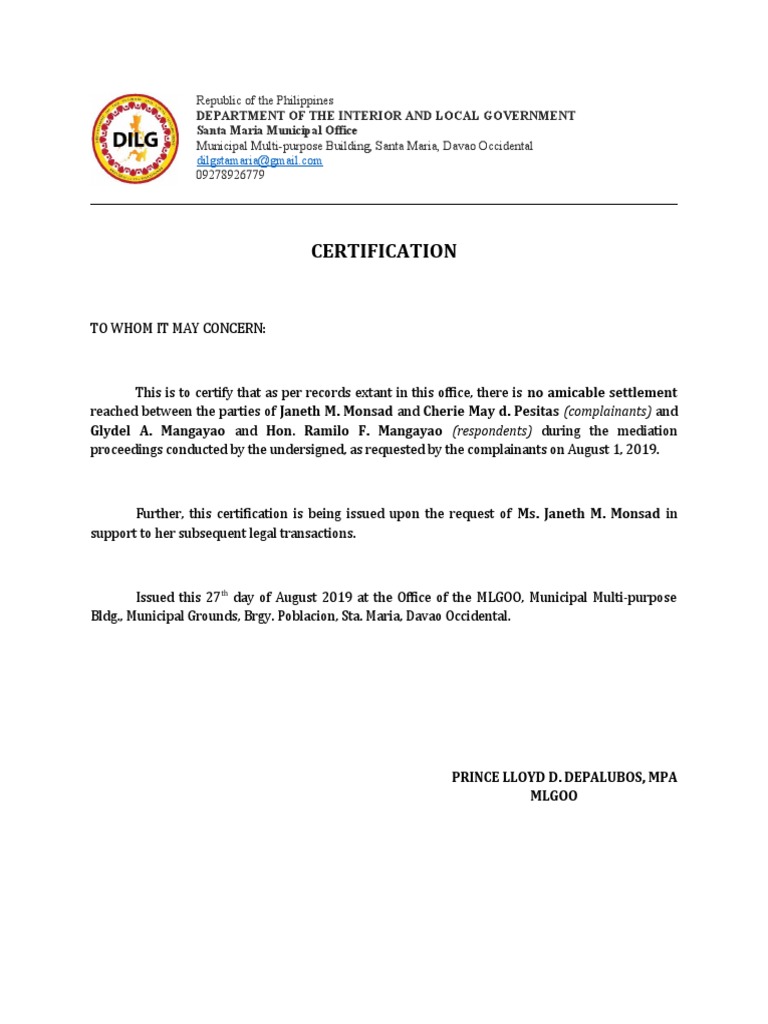 CERTIFICATION No Amicable Settlement | PDF