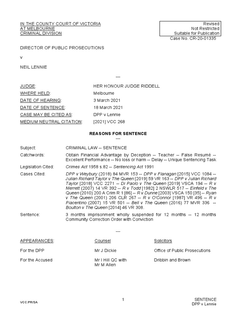Sentencing Remarks DPP V Lennie | PDF | Deception | Sentence (Law)
