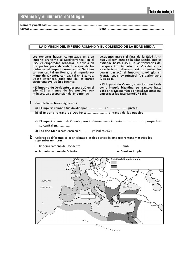 Ficha Sobre La Division Del Imperio Romano y El Comienzo de La Edad ...